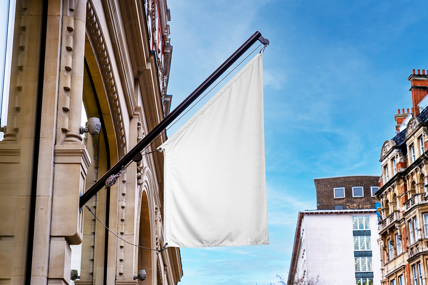 Free Hanging Asymmetrical Flag Mockup - mockupbee