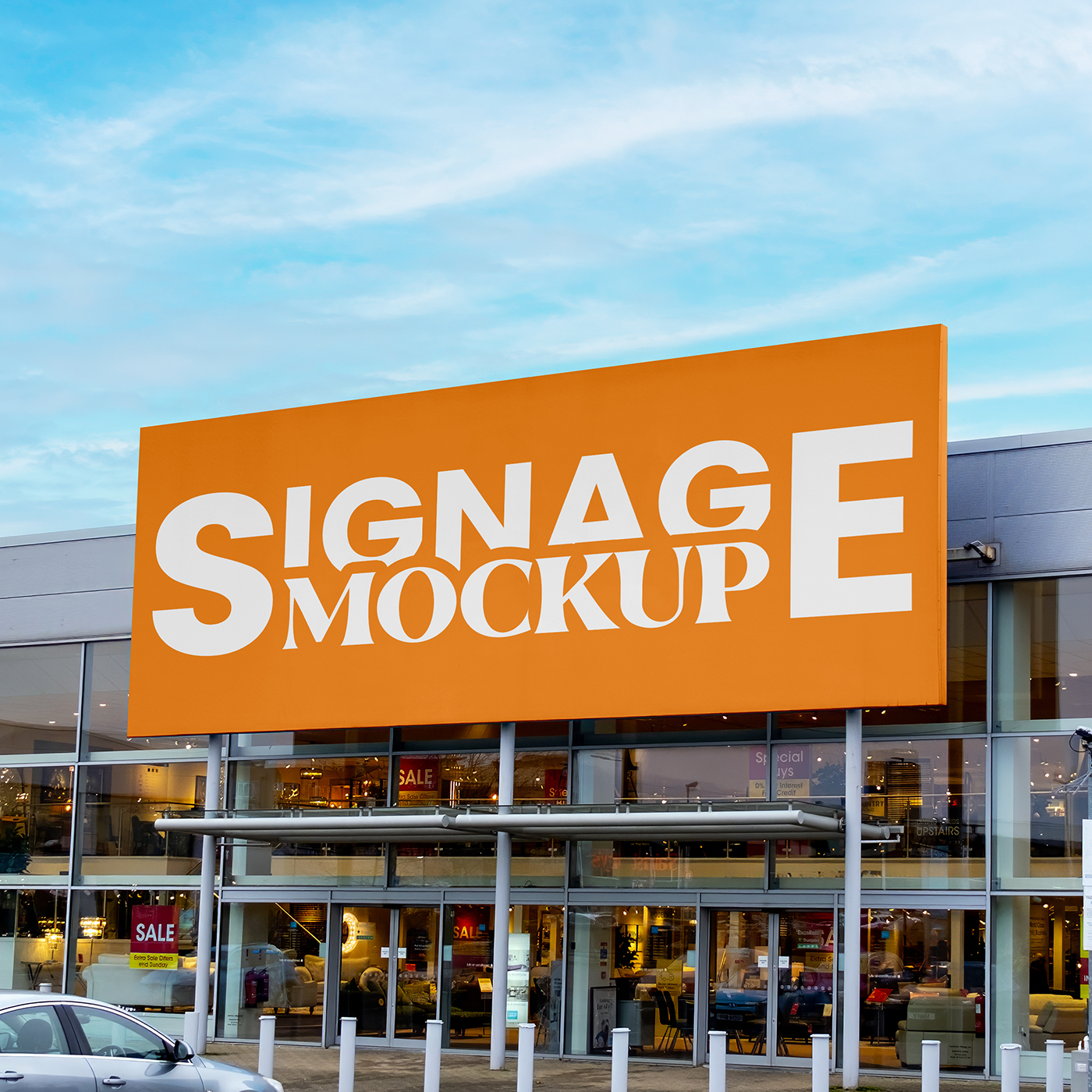 Free Signage on Big Shop Mockup - mockupbee